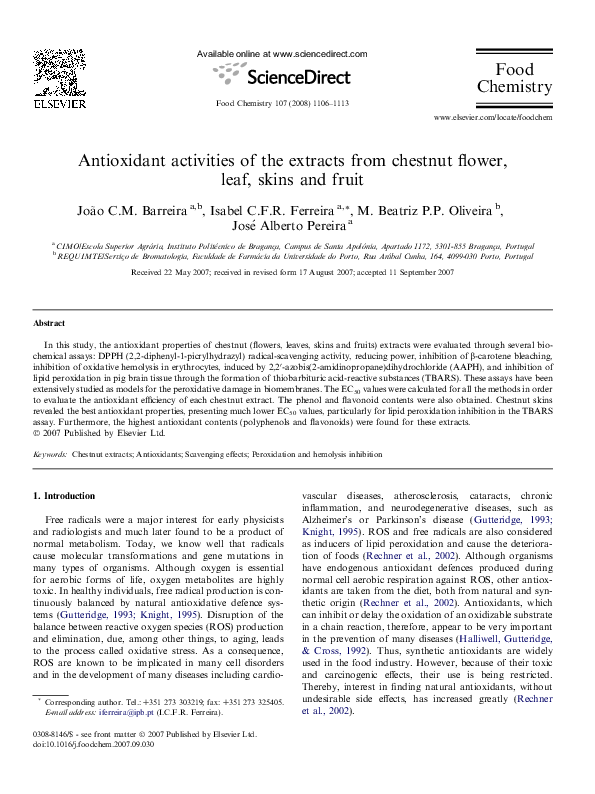 (PDF) Antioxidant activities of the extracts from chestnut flower, leaf, skins and fruit | João ...