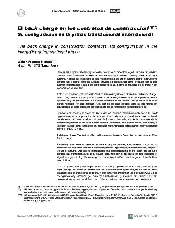 (PDF) El back charge en los contratos de construcción. Su configuración ...