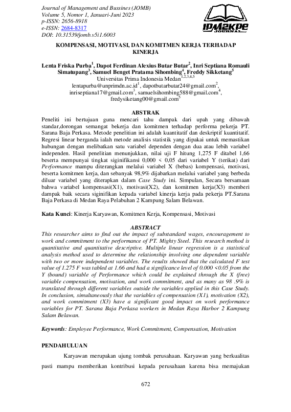 (PDF) Kompensasi, Motivasi, dan Komitmen Kerja Terhadap Kinerja