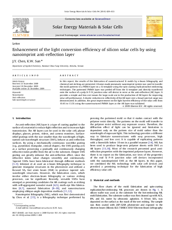 (PDF) Enhancement of the light conversion efficiency of silicon solar cells by using nanoimprint ...