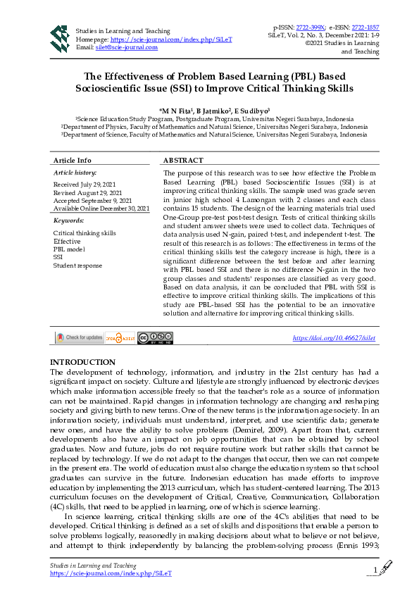 (PDF) The Effectiveness of Problem Based Learning (PBL) Based Socioscientific Issue (SSI) to ...