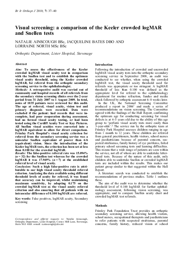 Visual screening: a comparison of the Keeler crowded logMAR and Snellen ...