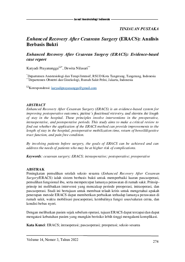 (PDF) Enhanced Recovery After Cesarean Surgery (ERACS): Analisis ...
