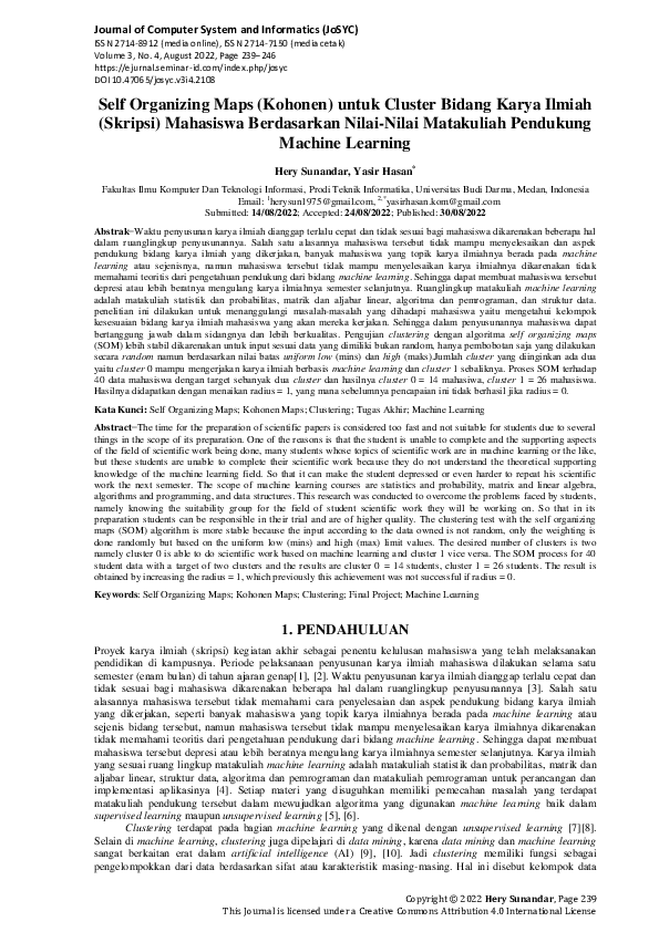 (PDF) Self Organizing Maps (Kohonen) untuk Cluster Bidang Karya Ilmiah (Skripsi) Mahasiswa ...