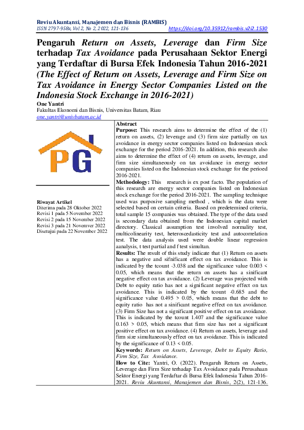 (PDF) Pengaruh Return on Assets, Leverage dan Firm Size terhadap Tax Avoidance pada Perusahaan ...