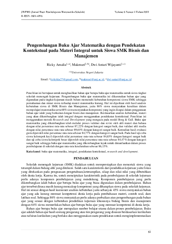 (PDF) Pengembangan Buku Ajar Matematika dengan Pendekatan Kontekstual pada Materi Integral untuk ...