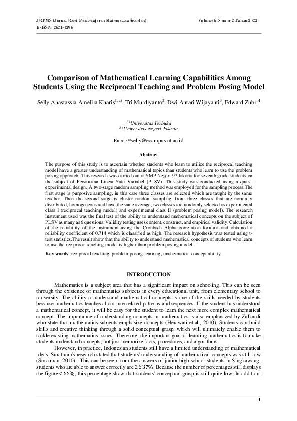 (PDF) Comparison of Mathematical Learning Capabilities Among Students Using the Reciprocal ...