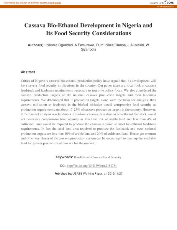 (PDF) Cassava Bio-Ethanol Development in Nigeria and Its Food Security Considerations