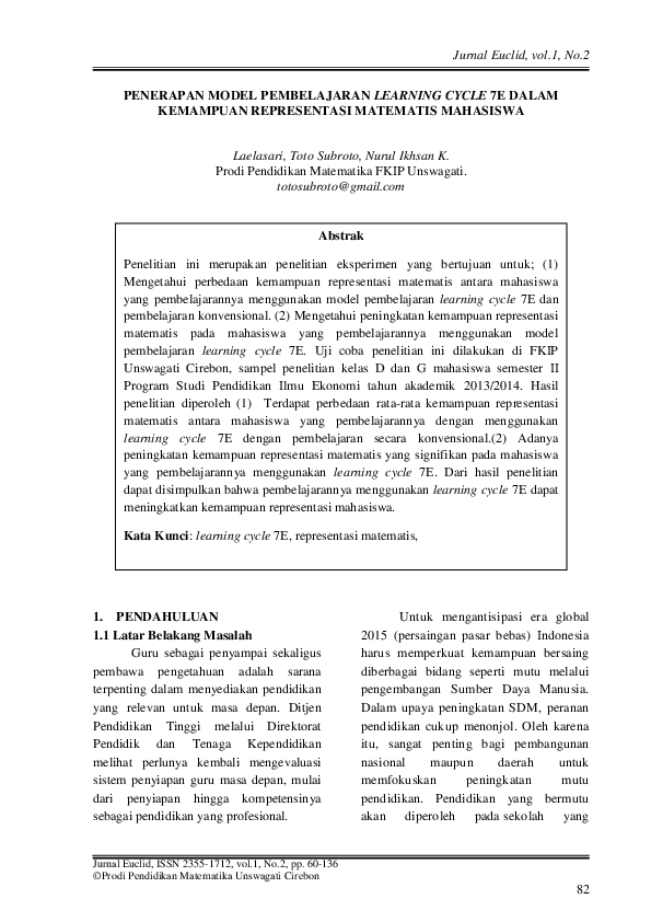 (PDF) Penerapan Model Pembelajaran Learning Cycle 7E Dalam Kemampuan Representasi Matematis ...