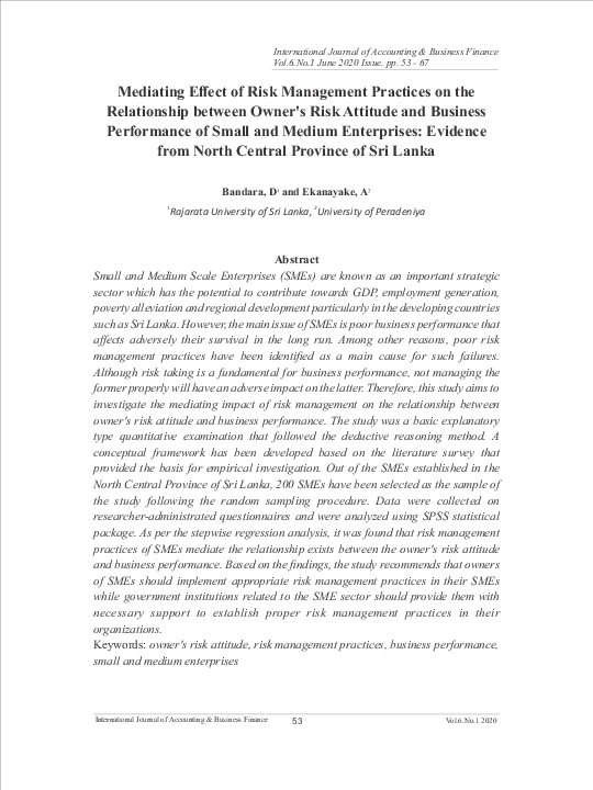 (PDF) Mediating Effect of Risk Management Practices on the Relationship between Owner's Risk ...