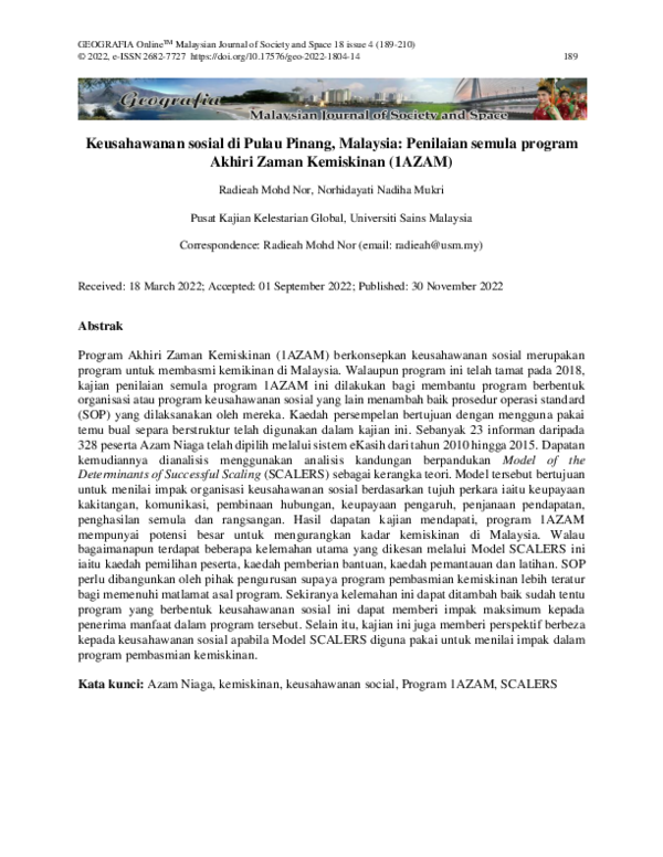 (PDF) Keusahawanan sosial di Pulau Pinang, Malaysia: Penilaian semula ...