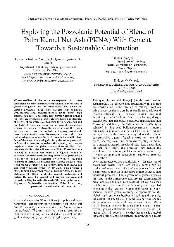(PDF) Pozzolanic Potential of Palm Kernel Nut Ash in Cement Blends