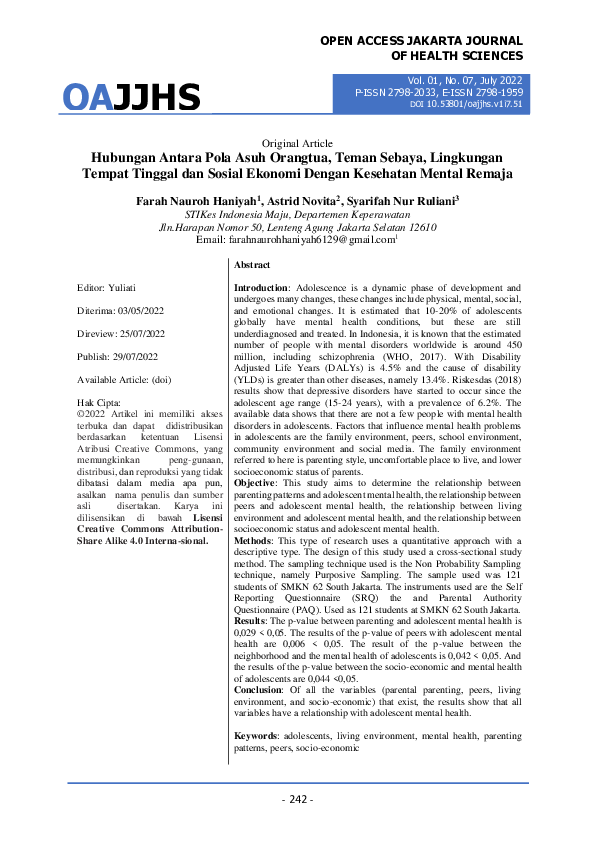(PDF) Hubungan Antara Pola Asuh Orangtua, Teman Sebaya, Lingkungan Tempat Tinggal dan Sosial ...