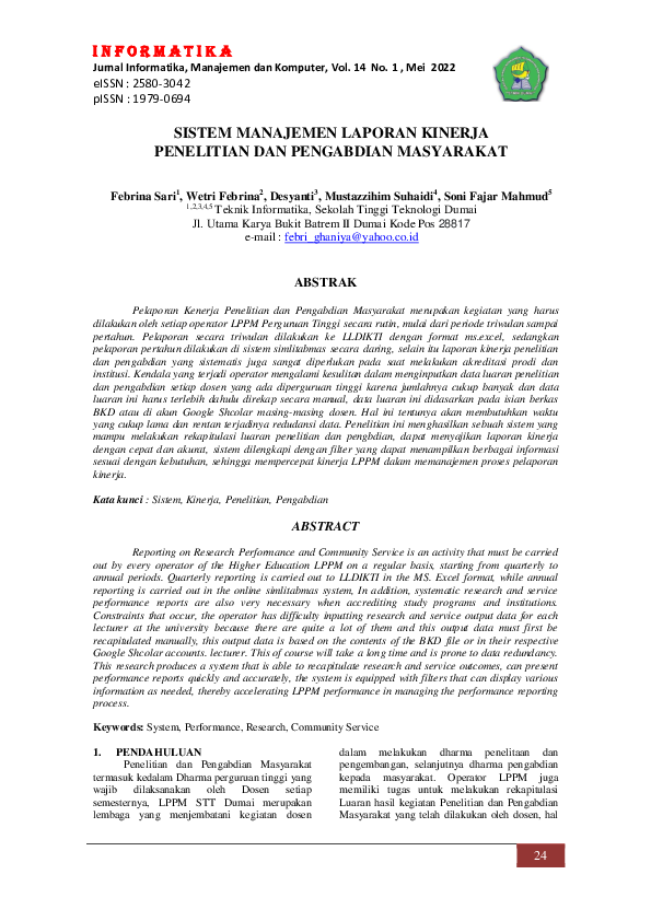 (PDF) Sistem Manajemen Laporan Kinerja Penelitian Dan Pengabdian Masyarakat