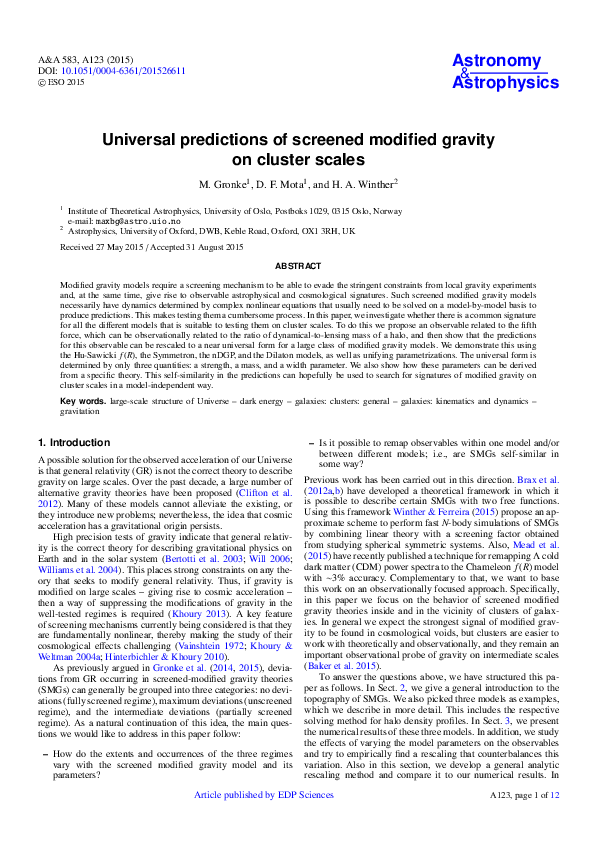 (PDF) Universal predictions of screened modified gravity on cluster ...