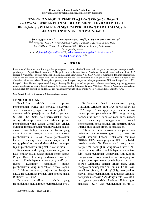 (PDF) Penerapan Model Pembelajaran Project Based Learning Berbantuan Media 3 Dimensi Terhadap ...