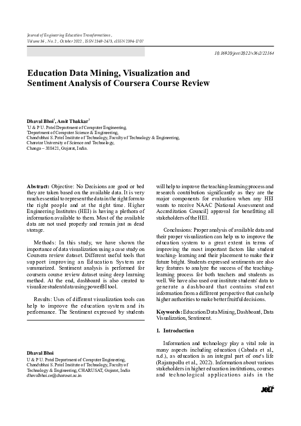 (PDF) Education Data Mining, Visualization and Sentiment Analysis of Coursera Course Review