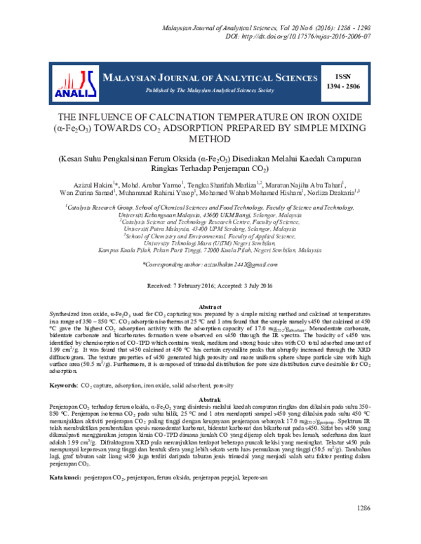 (PDF) THE INFLUENCE OF CALCINATION TEMPERATURE ON IRON OXIDE (α-Fe2O3) TOWARDS CO2 ADSORPTION ...