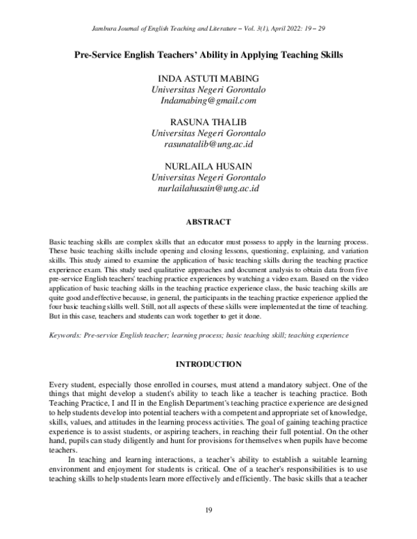 (PDF) Pre-Service English Teachers’ Ability in Applying Teaching Skills