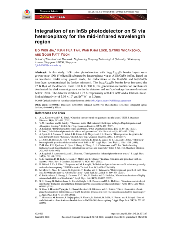(PDF) Integration of an InSb photodetector on Si via heteroepitaxy for ...