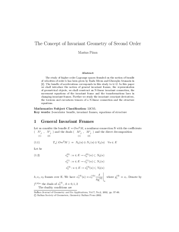(PDF) The concept of invariant geometry of second order | Marius Paun - Academia.edu