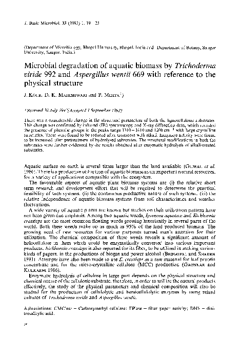 (PDF) Microbial degradation of aquatic biomass byTrichoderma viride 992 andAspergillus wentii ...