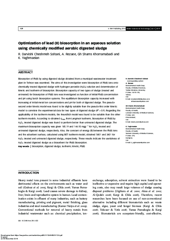 (PDF) Optimization of lead (II) biosorption in an aqueous solution ...