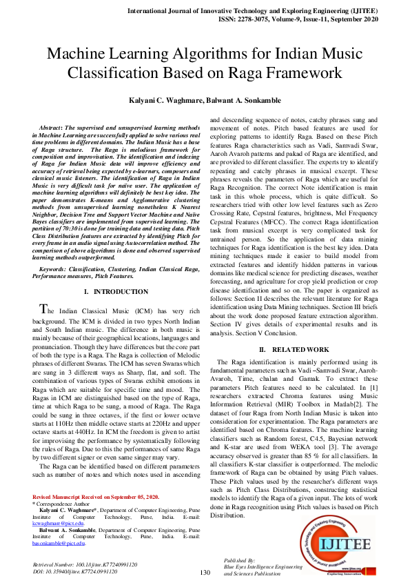 (PDF) Machine Learning Algorithms for Indian Music Classification Based ...