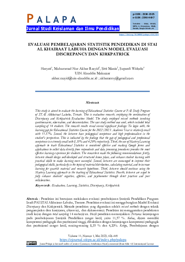 (PDF) Evaluasi Pembelajaran Statistik Pendidikan di STAI Al Khairaat ...