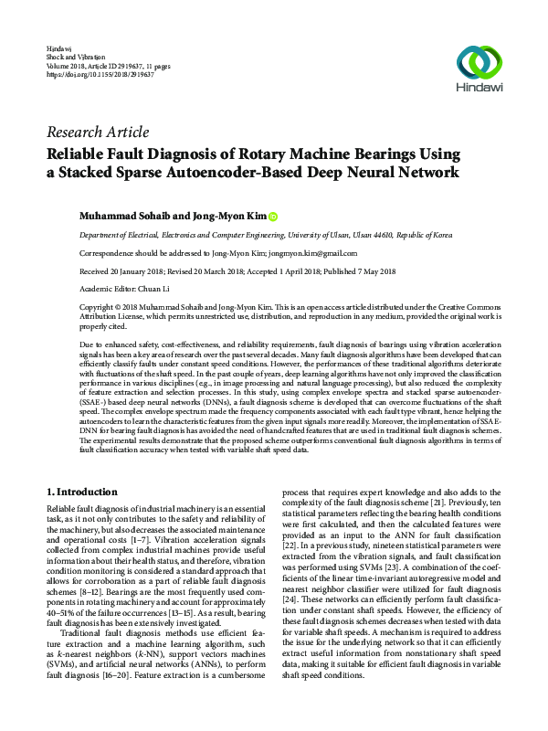 (PDF) Reliable Fault Diagnosis of Rotary Machine Bearings Using a Stacked Sparse Autoencoder ...