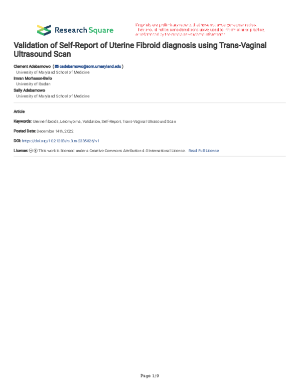 Pdf Validation Of Self Report Of Uterine Fibroid Diagnosis Using 2585