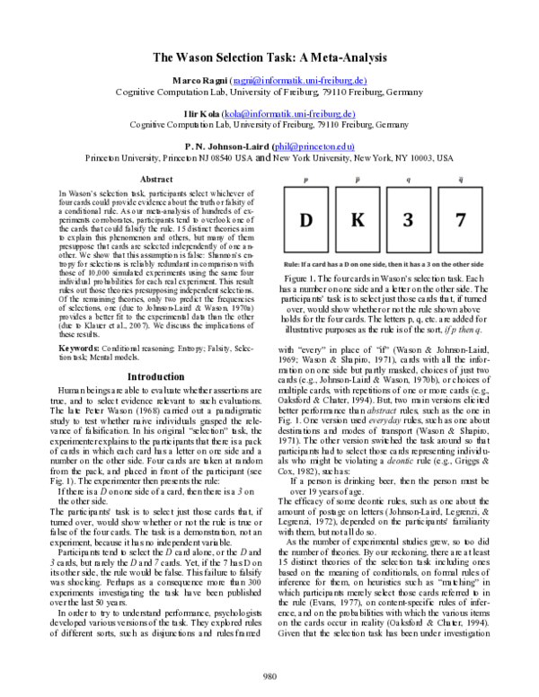 (PDF) The Wason Selection task: A Meta-Analysis