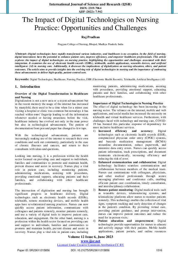 (PDF) The Impact of Digital Technologies on Nursing Practice ...