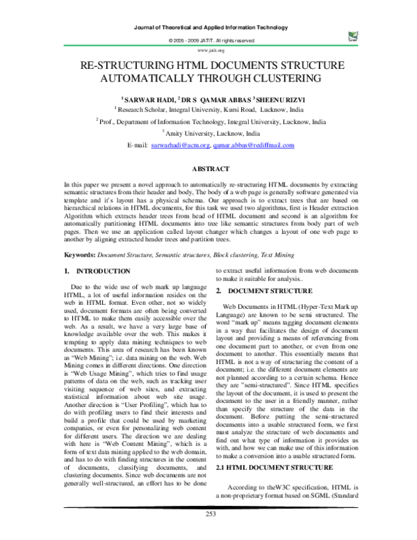 Pdf Re Structuring Html Documents Structure Automatically Through Clustering Qamar Abbas
