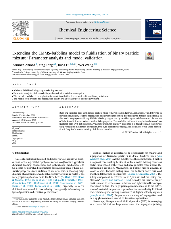 (PDF) Extending the EMMS/bubbling model to fluidization of binary particle mixture: Formulation ...
