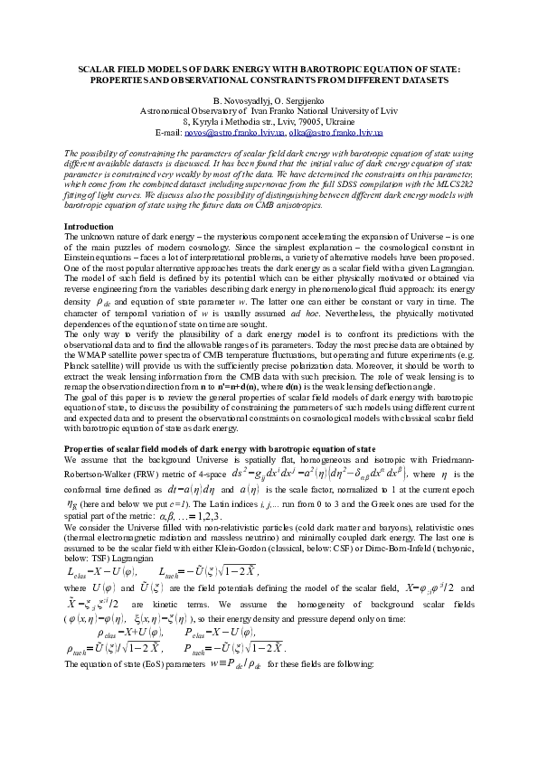Pdf Scalar Field Models Of Dark Energy With Barotropic Equation Of