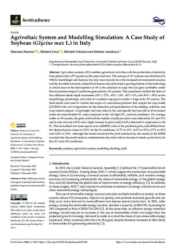 (PDF) Agrivoltaic System and Modelling Simulation: A Case Study of Soybean (Glycine max L.) in Italy
