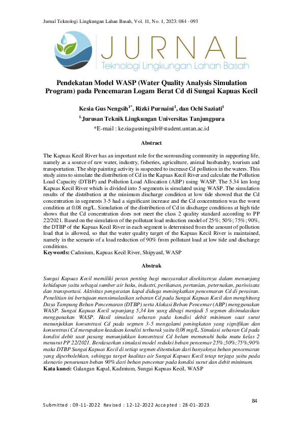 (PDF) Pendekatan Model WASP (Water Quality Analysis Simulation Program) pada Pencemaran Logam ...