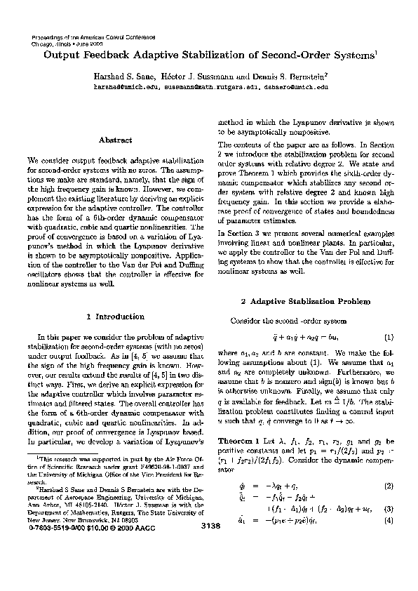 (PDF) Output feedback adaptive stabilization of second-order systems (PDF) Output feedback adaptive stabilization of second-order systems