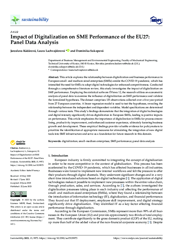 (PDF) Impact of Digitalization on SME Performance of the EU27: Panel Data Analysis