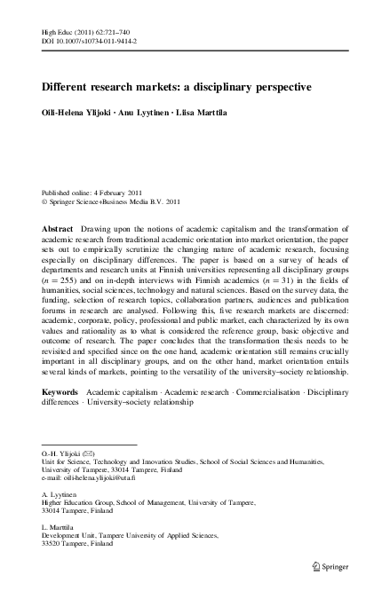 (PDF) Different research markets: a disciplinary perspective