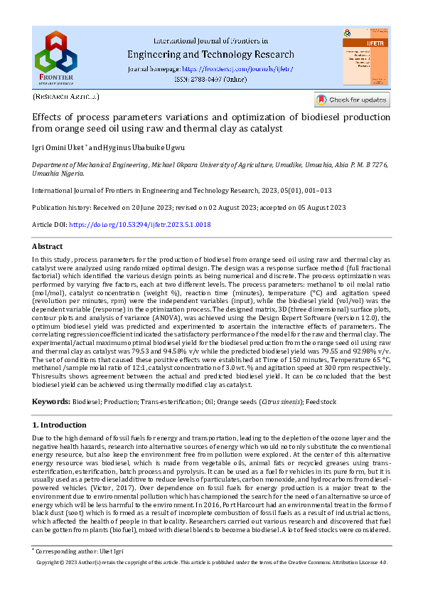 (PDF) Effects of process parameters variations and optimization of biodiesel production from ...
