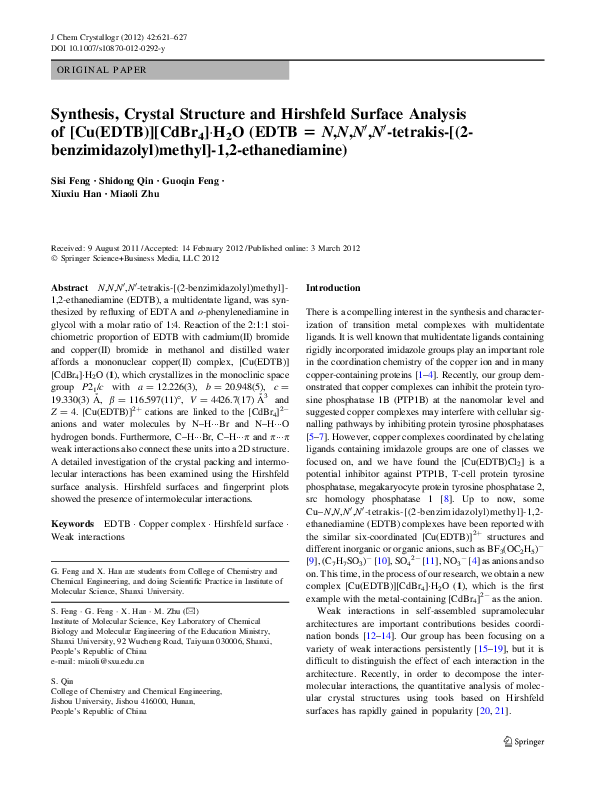 (PDF) Synthesis, Crystal Structure and Hirshfeld Surfaces of a CuII ...
