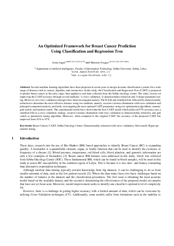 Pdf An Optimized Framework For Breast Cancer Prediction Using Classification And Regression Tree