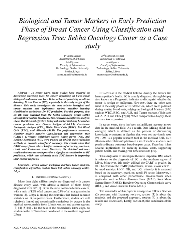 (PDF) Biological and Tumor Markers in Early Prediction Phase of Breast Cancer Using ...