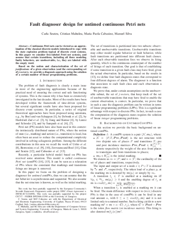 (PDF) Fault diagnoser design for untimed continuous Petri nets