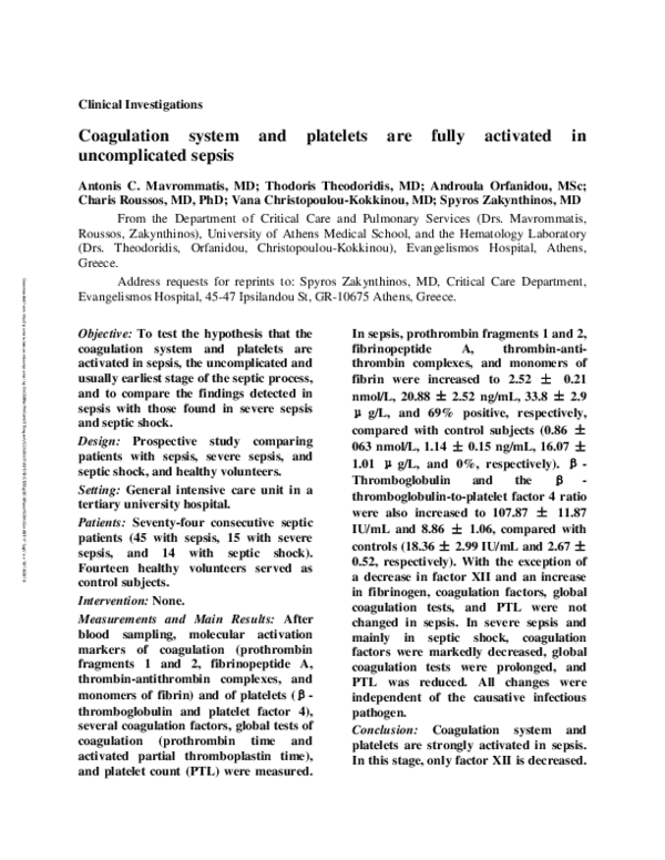 (PDF) Coagulation system and platelets are fully activated in ...