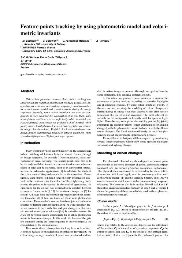 (PDF) Feature points tracking by using photometric model and colori- metric invariants