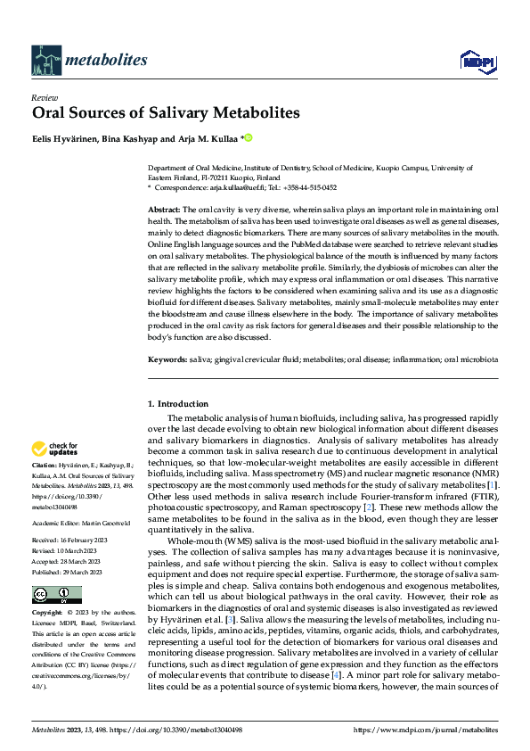 (PDF) Oral Sources of Salivary Metabolites