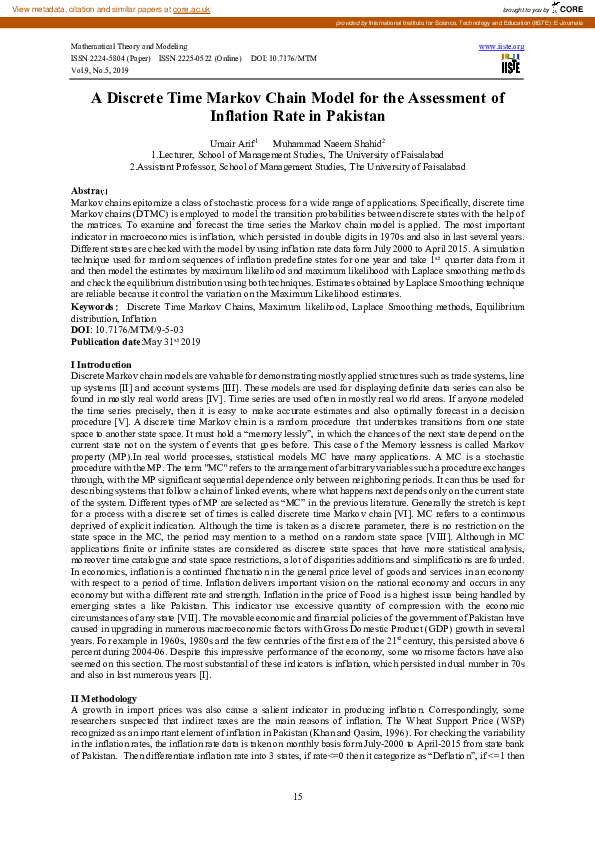 (PDF) A Discrete Time Markov Chain Model for the Assessment of Inflation Rate in Pakistan